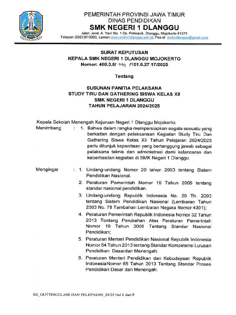 049 SK Susunan Panitia Pelaksana Study Tiru Dan Gathering Siswa Kelas ...