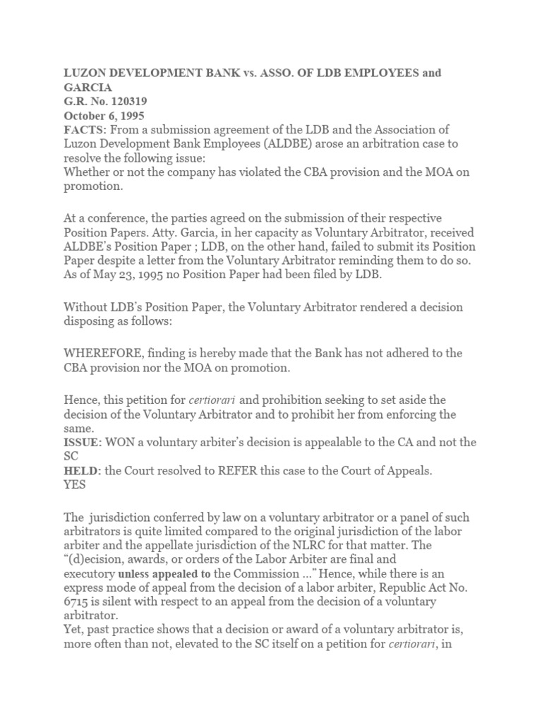 LUZON DEVELOPMENT BANK Vs Assoc of Luzon Dev | PDF | Arbitration | Appeal
