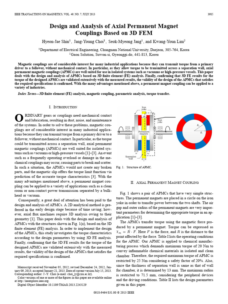 6-Design and Analysis of Axial Permanent Magnet Coupling Based of 3D FEM | PDF | Magnet | Torque