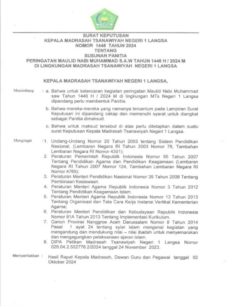 SK Nomor 1448 - Susunan Panitia Maulid Nabi Muhammad SAW Tahun 1446 H MTsN 1 Langsa | PDF