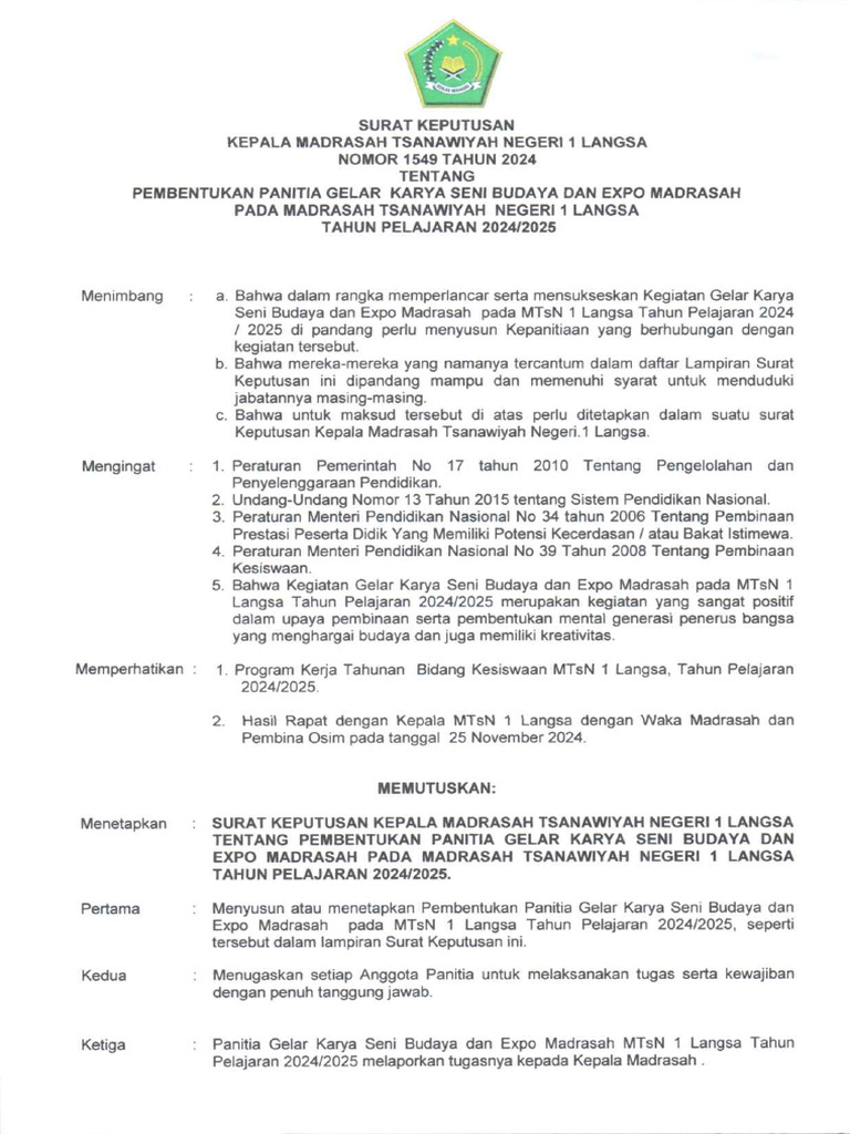 SK Nomor 1549 - Panitia Gelar Karya Seni Budaya Dan EXPO MTSN 1 Langsa Tahun Pelajaran 2024-2025 ...