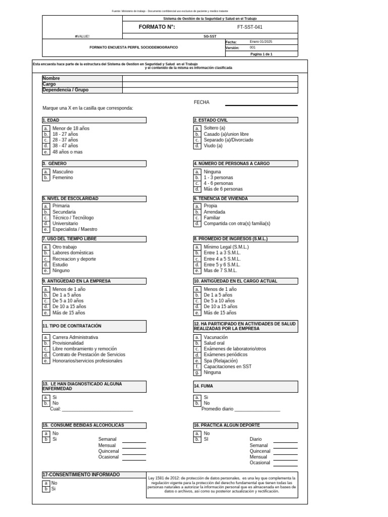 FT-SST-041 Formato Encuesta Perfil Sociodemografico | PDF