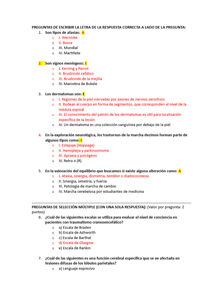PREGUNTAS DE ESCRIBIR LA LETRA DE LA RESPUESTA CORRECTA A LADO DE LA PREGUNTA | PDF | Afasia ...