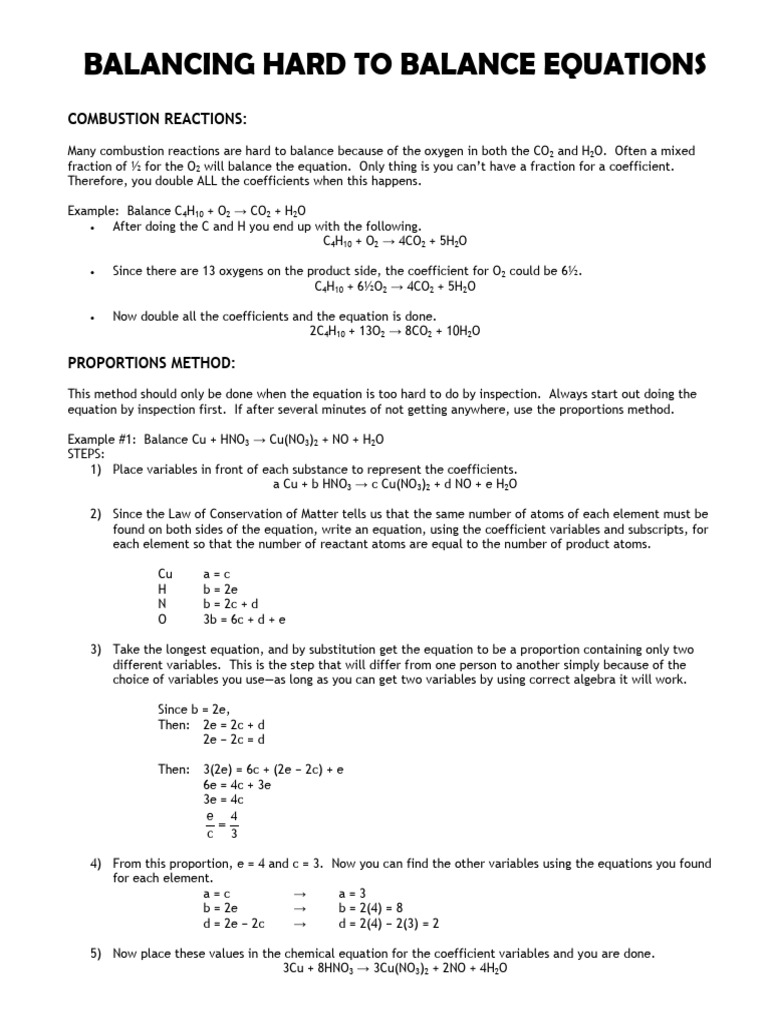 Balancing Hard To Balance Equations | PDF | Chemical Reactions | Equations