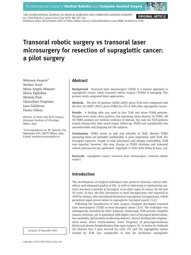 Transoral Robotic Surgery Vs Transoral Laser Microsurgery For Resection ...