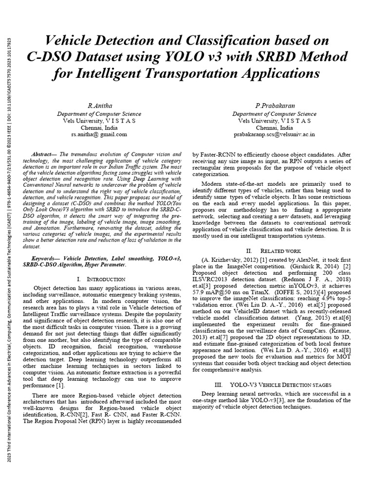 Vehicle Detection and Classification Based On C-DSO Dataset Using YOLO v3 With SRBD Method For ...