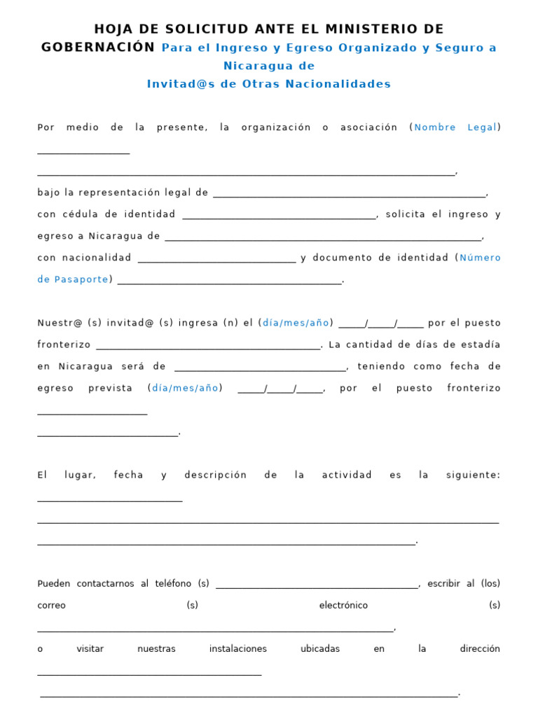 Solicitud de Ingreso a Nicaragua 2023 | PDF