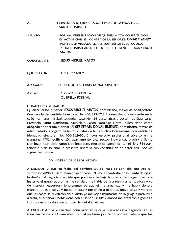 Querella contra Omar y Sandy | PDF | Crímenes | Crimen y violencia