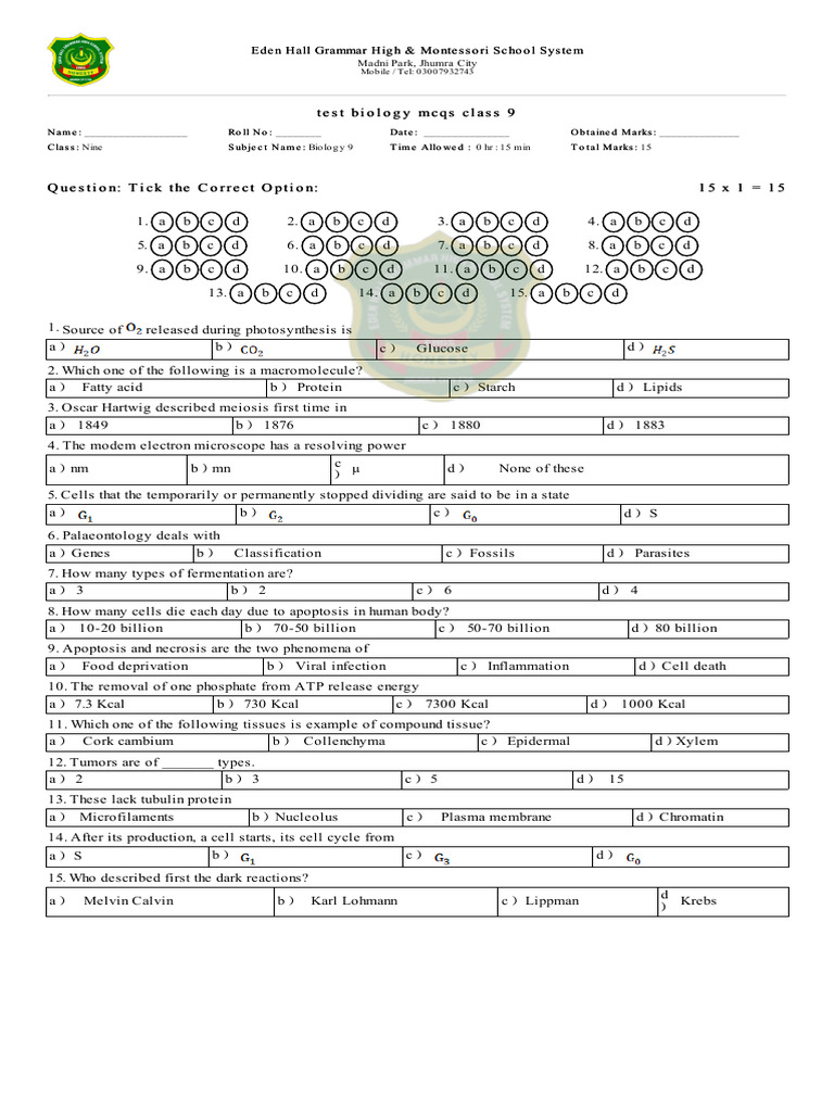 Test Biology Mcqs Class 9 | PDF | Apoptosis | Cell (Biology)