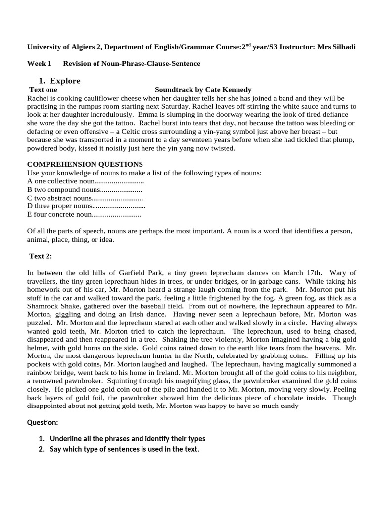 Noun and Sentence Structure Revision | PDF | Clause | Sentence ...