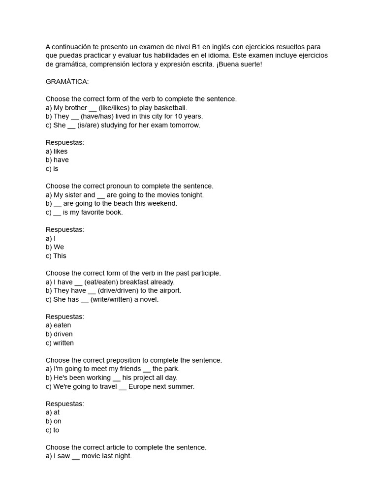 Examen Ingles B1 RESUELTO 2 1 | PDF | Linguistic Morphology | Grammar