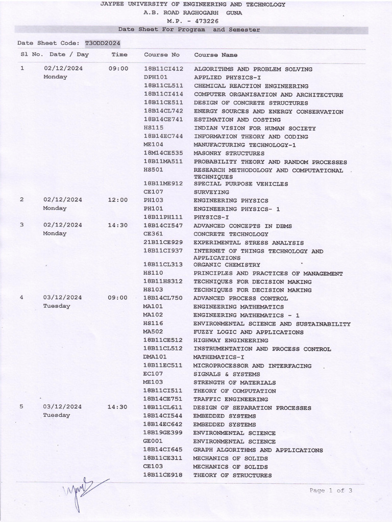 Date Sheet Test-3 Odd Semester 2024 | PDF | Engineering | Physics