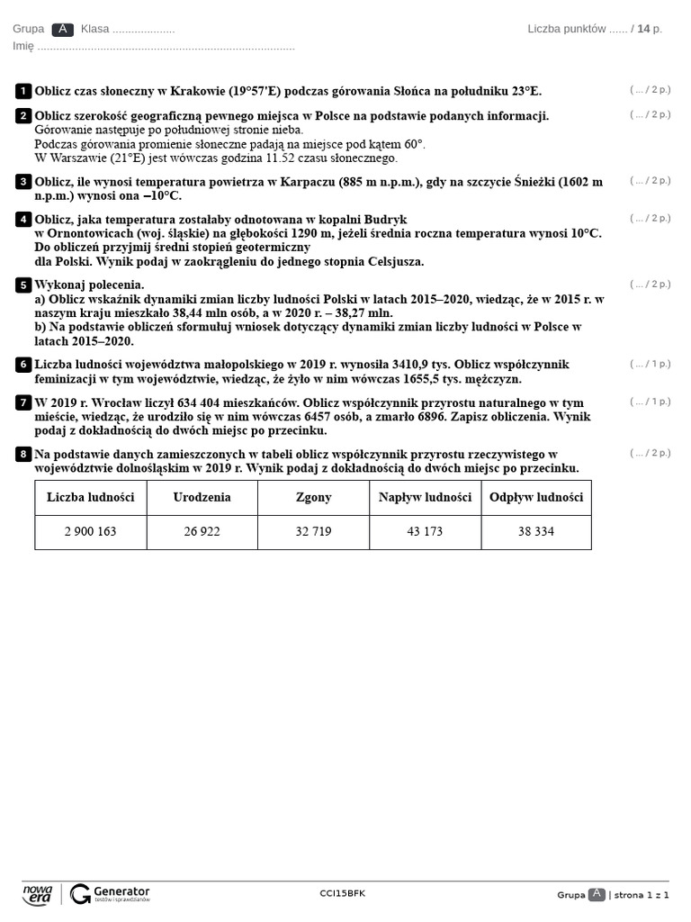 ZR Obliczenia Matematyczne W Geografii Test (Z Widoczną Punktacją) | PDF