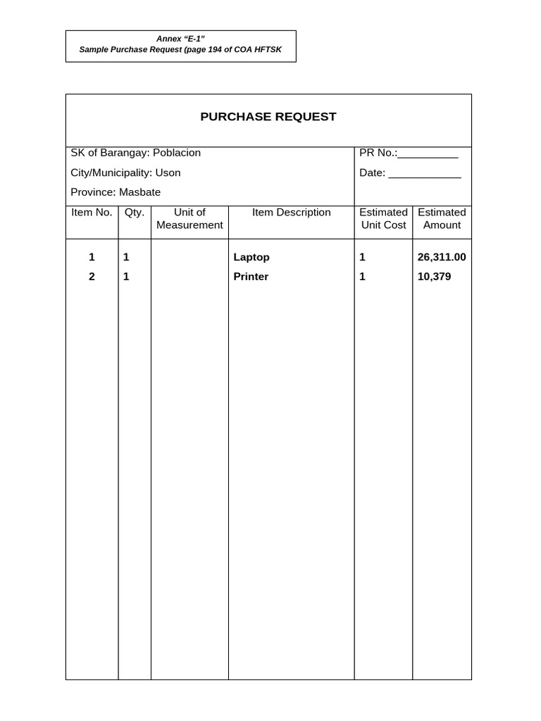 SK MC Annex e 1 Purchase Request SKFPD Policy Template | PDF | Personal Computing | Computer ...