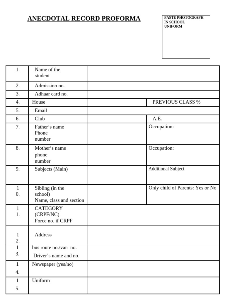 Anecdotal Record Proforma Template | PDF