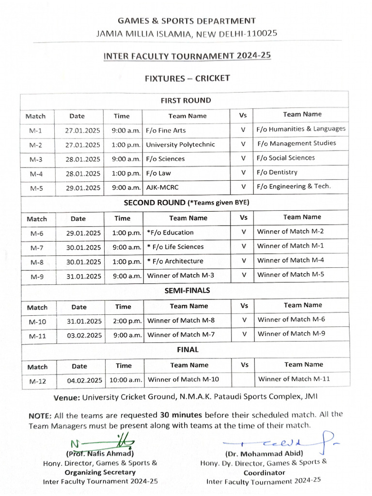 Fixtures - Inter Faculty Tournament 2024-25 (Cricket, Football, Basketball & Volleyball) | PDF