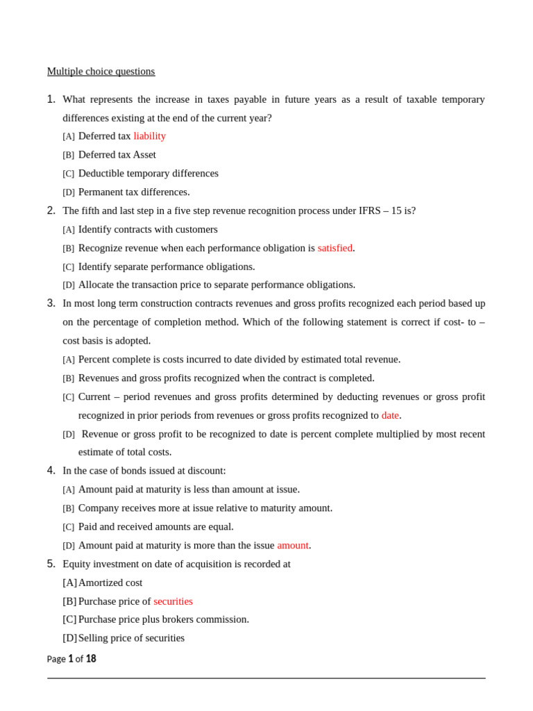 Accounting Multiple Choice Questions | PDF | Deferred Tax | Expense