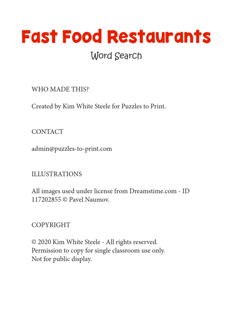 Fast Food Restaurants Word Search | PDF | Word Search | Word Puzzles