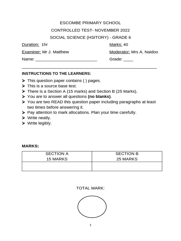 Escombe Primary Grade 6 History Exam | PDF