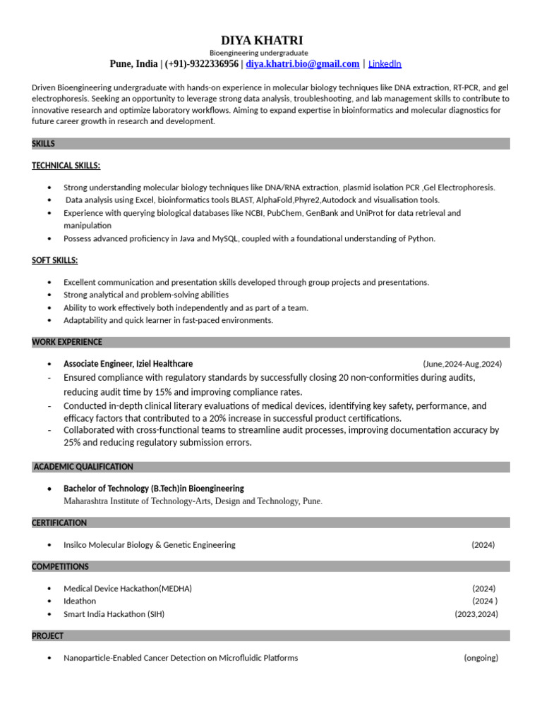 R&DIntern_diya_resume | PDF | Molecular Biology | Bioinformatics
