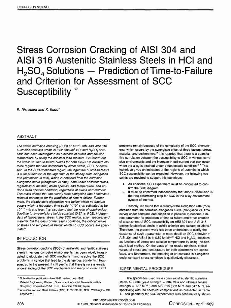 Stress Corrosion Cracking of AISI 304 and AISI 316 Austenitic Stainless Steels in HCl and H2SO4 ...