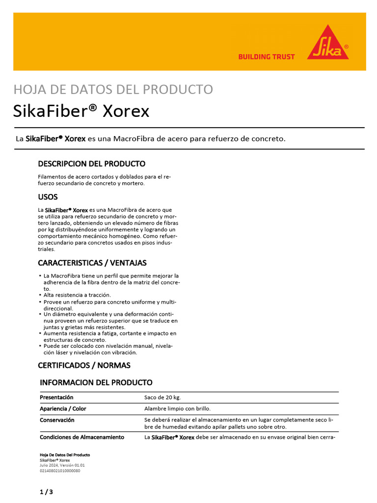 Hoja de Datos SikaFiber® Xorex | PDF | Hormigón | Acero