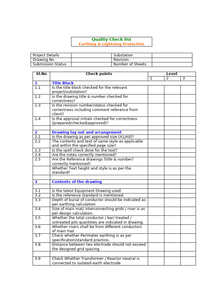 Quality Check list-Earthing & Lightn prot Layout | PDF | Electrical ...