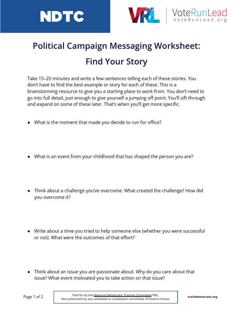 Political Campaign Messaging Worksheet- Find Your Story | PDF