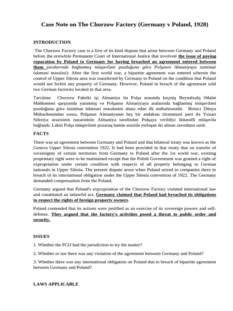 Case Note On The Chorzow Factory | PDF | International Law | Jurisdiction