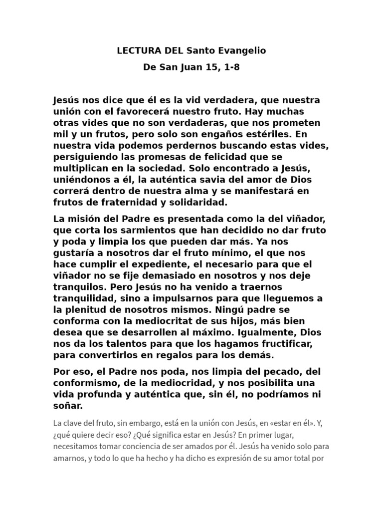 LECTURA DEL Santo Evangelio San Juan 15, 1-8 | PDF | Jesús | Amor