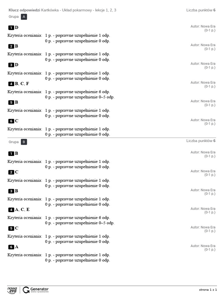 Kartkówka - Układ Pokarmowy - Lekcje 1, 2, 3 Klucz Odpowiedzi | PDF