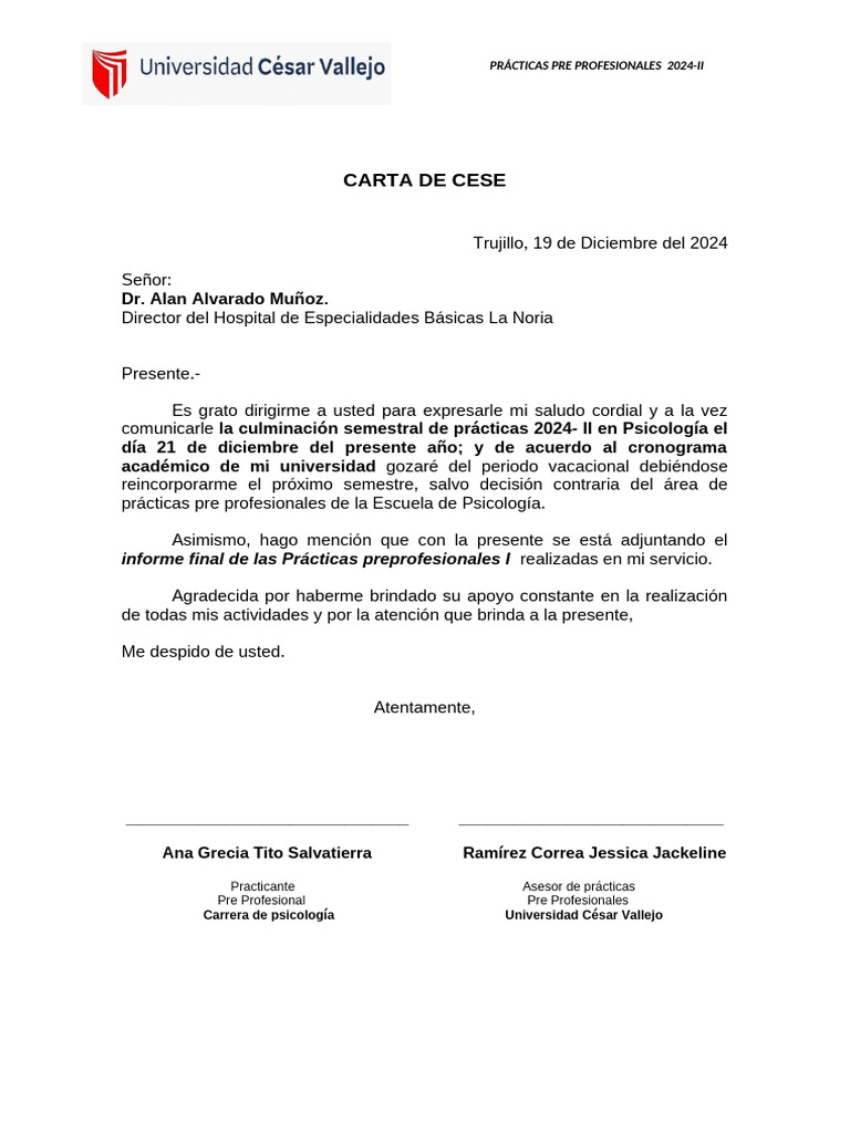 Carta de Cese Prácticas Psicología 2024-II | PDF
