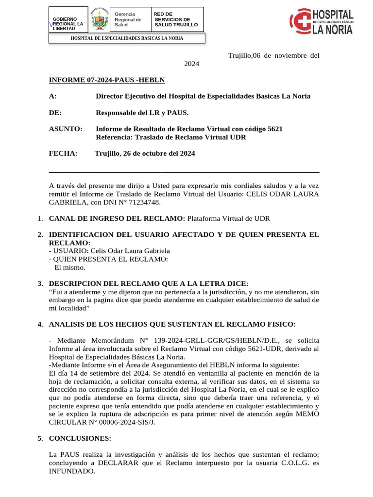Informe de Reclamo Virtual HEBLN 2024 | PDF | Hospital