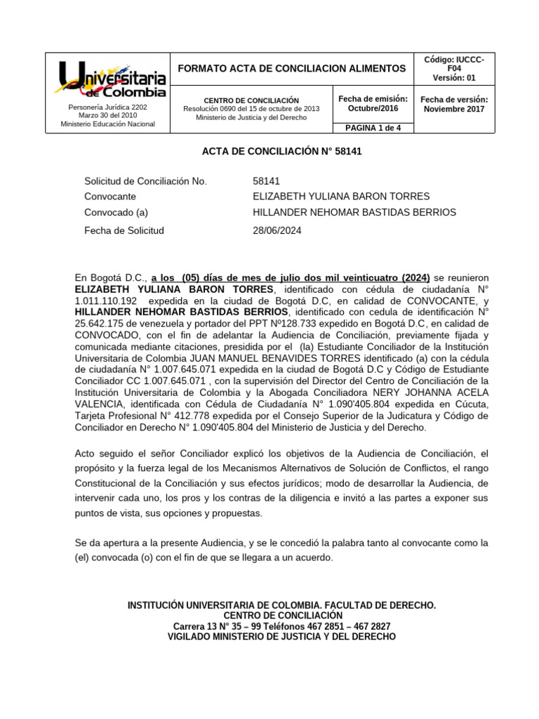 Acta Conciliacion Final Elizabeth Baron | PDF | Justicia | Crimen y ...
