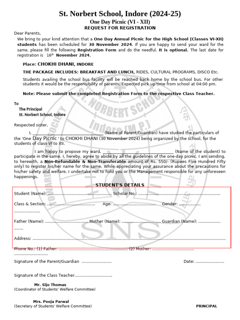Request Letter For Oneday Picnic 2024-25 | PDF