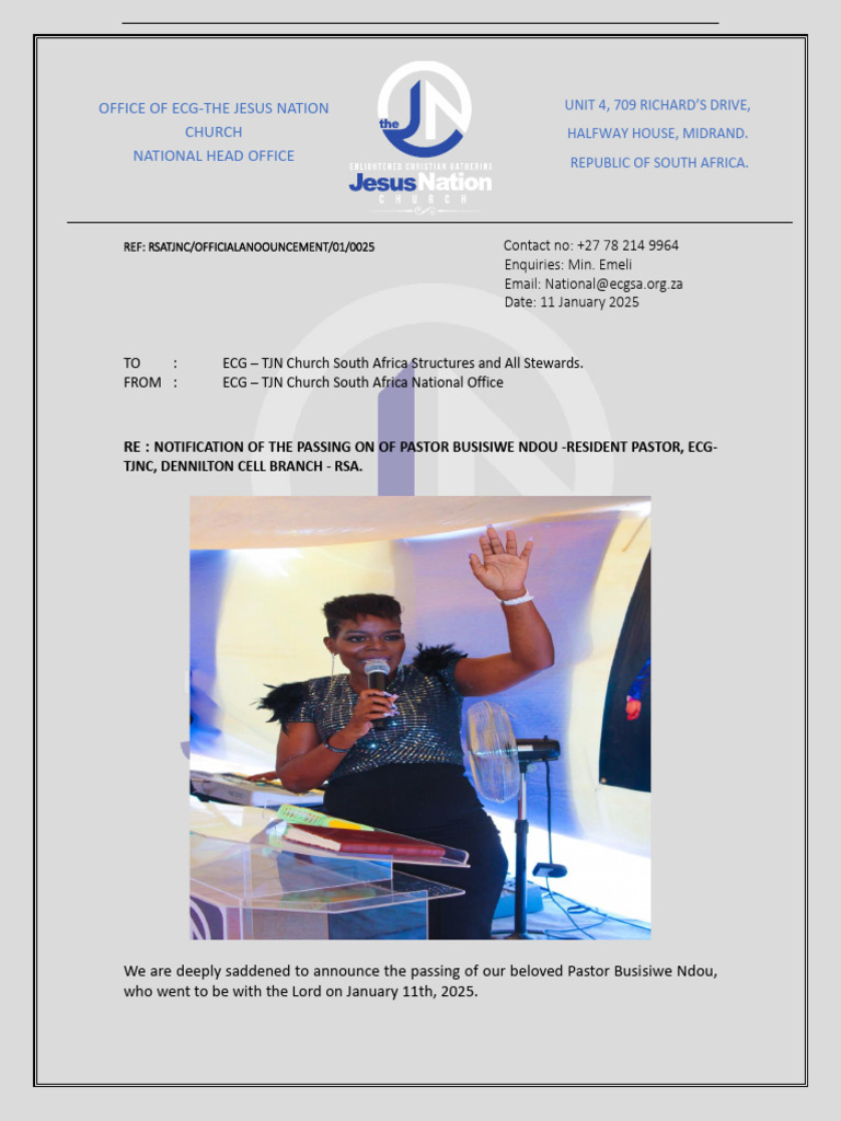 Notification of The Passing On of Ps Busi Ndou | PDF