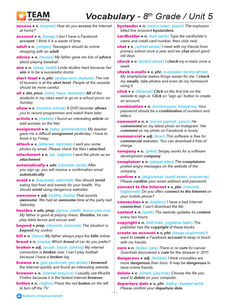 8CLASS Vocabulary List Unit5 | PDF | Internet | Computing