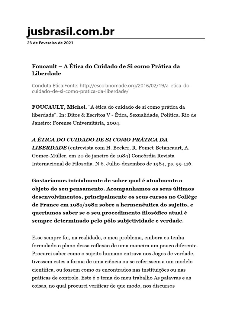 Foucault - A Ética Do Cuidado de Si Como Prática Da Liberdade | PDF | Liberdade | Poder (social ...