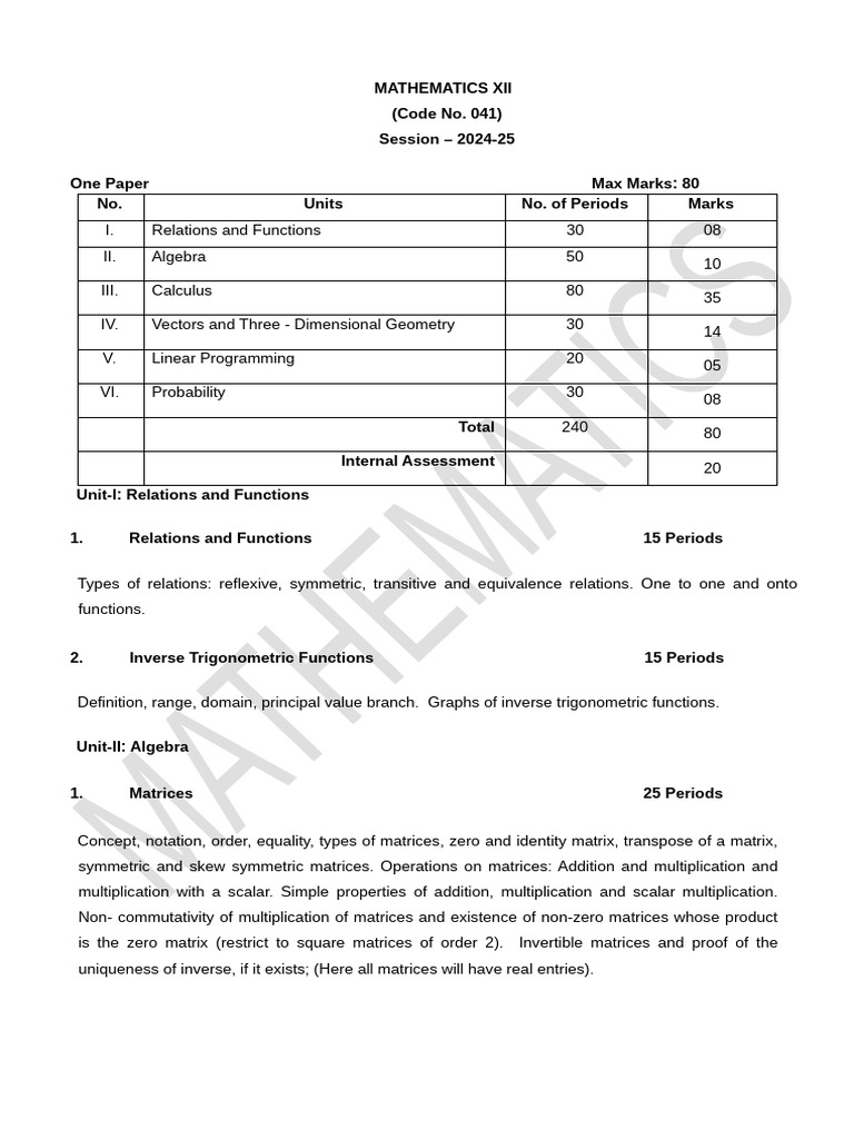 Maths Class XII 2024-25 | PDF | Matrix (Mathematics) | Euclidean Vector