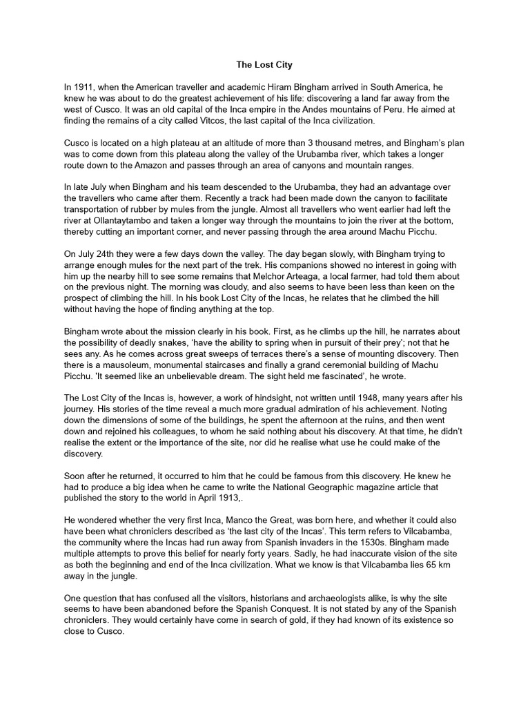 The Lost City Reading Answers f042382f22 | PDF | Machu Picchu | Inca Empire
