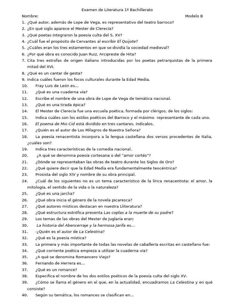 Examen de Literatura para 1º Bachillerato | PDF | Poesía | Literatura ...