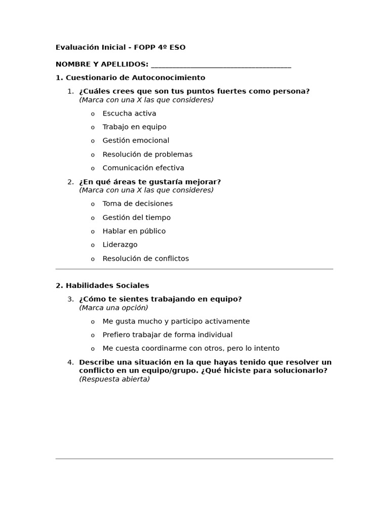Evaluación Inicial - FOPP | PDF | Toma de decisiones | Cognición