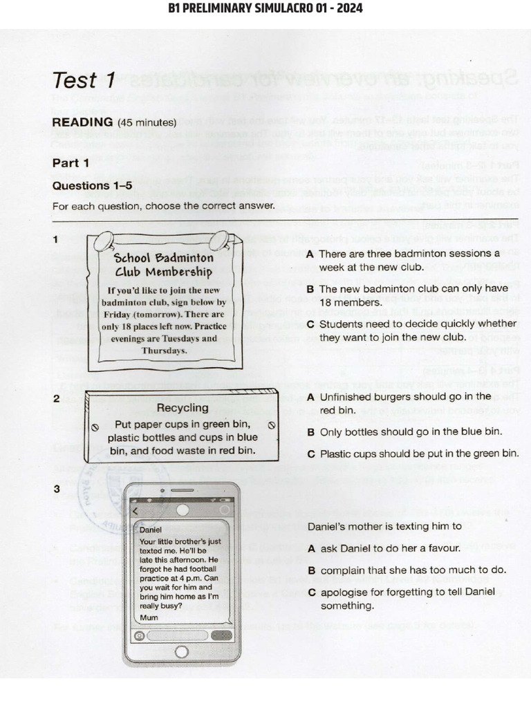 B1 Preliminary Simulacro 01 - 2024 | PDF