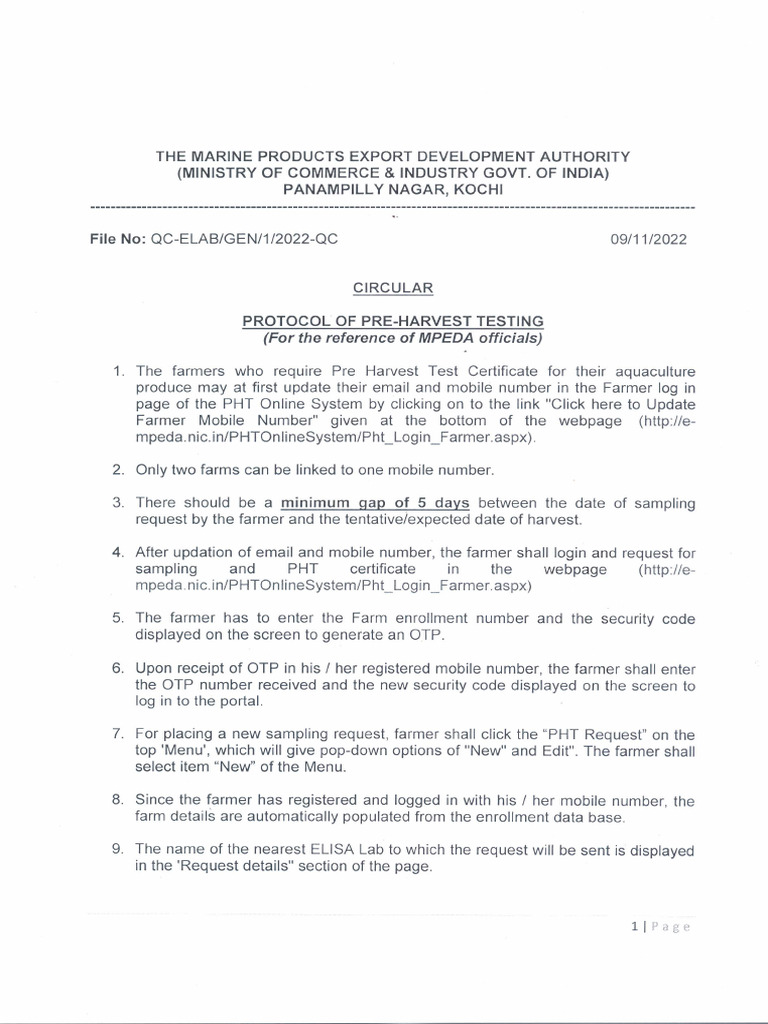 Protocol PHT MPEDA Officials 09112022 | PDF