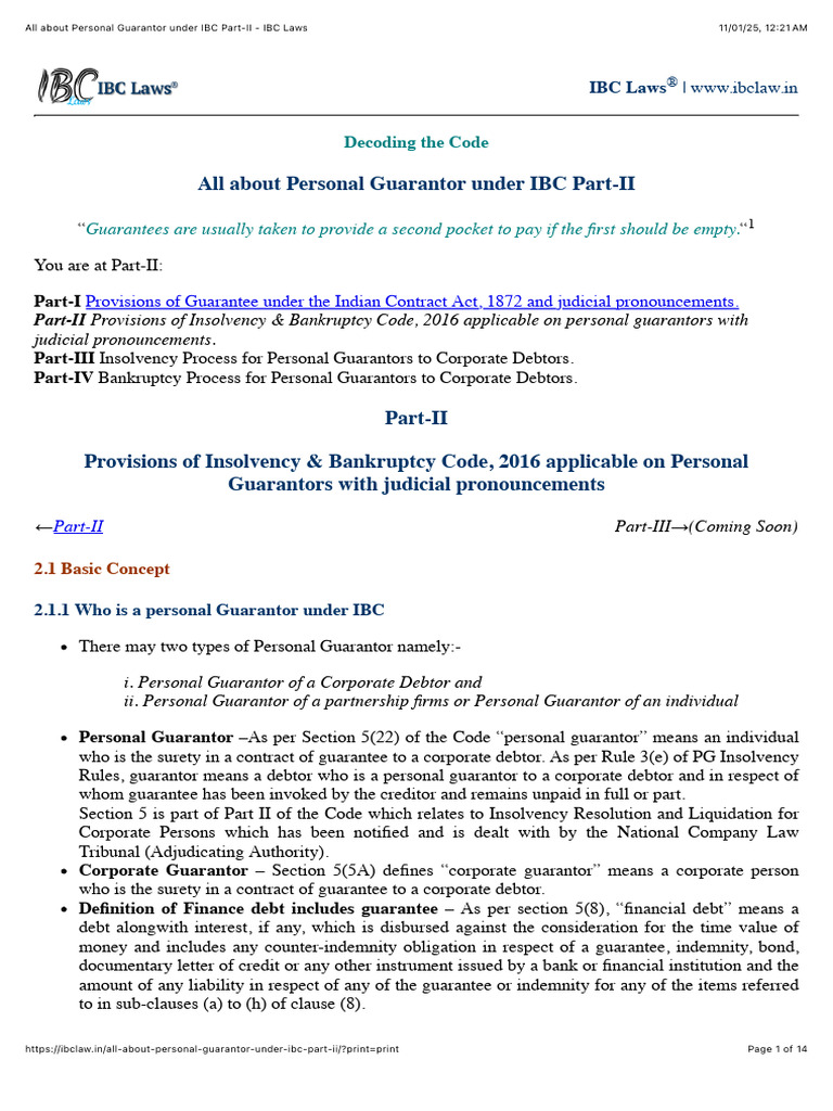 All About Personal Guarantor Under IBC Part-II - IBC Laws | PDF ...