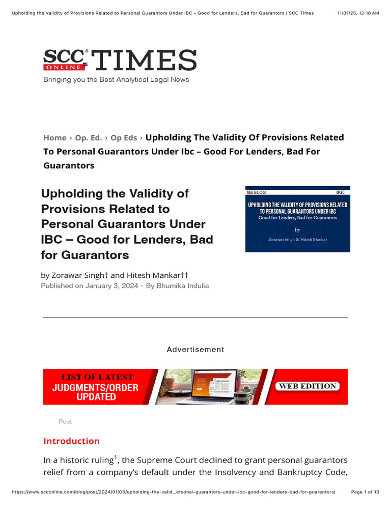 Personal Guarantors Under IBC: Impacts | PDF | Bankruptcy | Guarantee