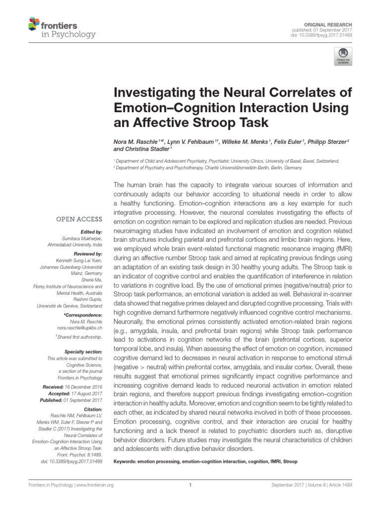 Neural Correlates of Emotion-Cognition Interaction | PDF | Emotions ...