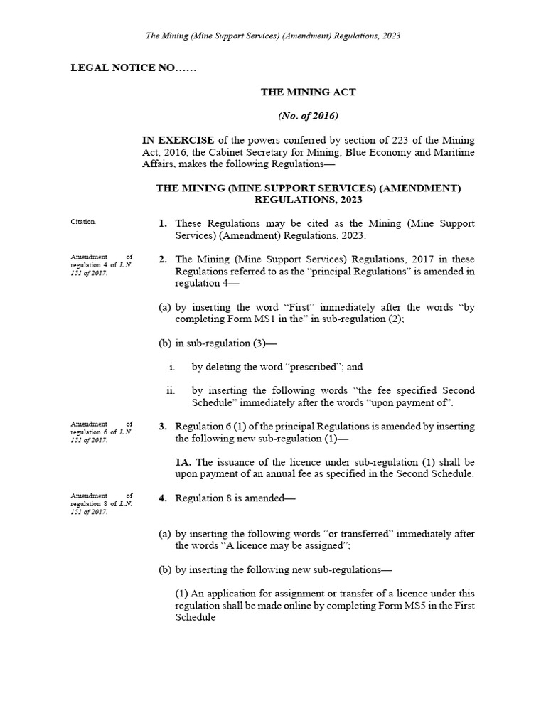 Mining(Mine Support Services) (Amendment) Regulations,2023 | PDF ...