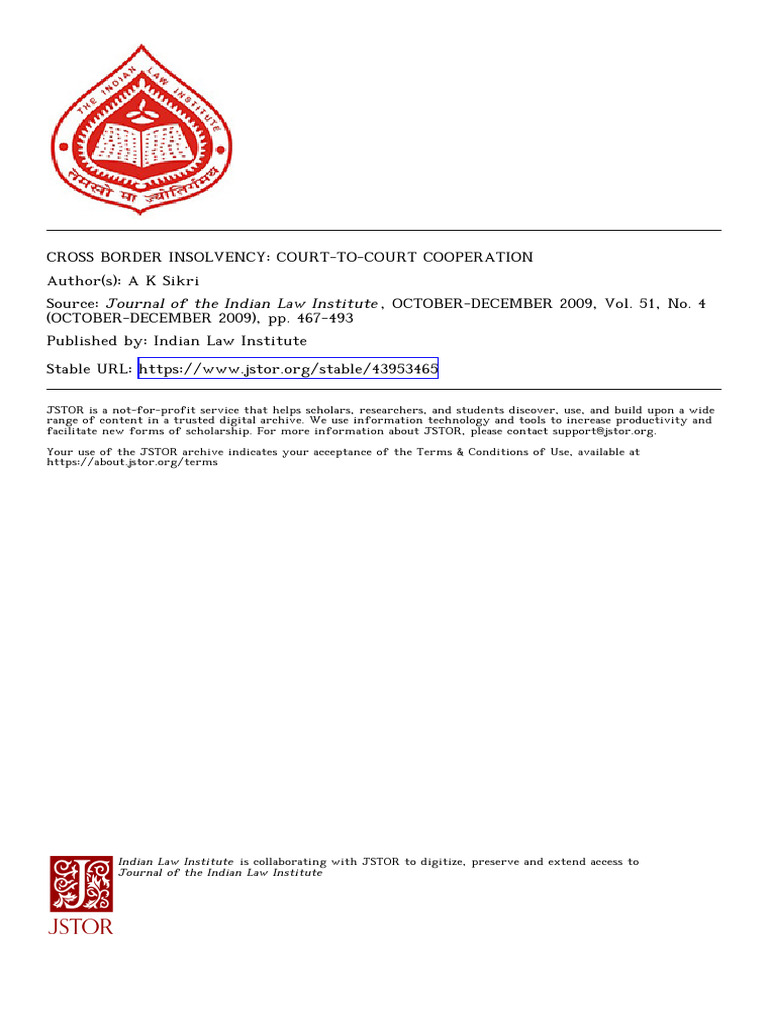 Sikri Crossborderinsolvency 2009 | PDF | Comity | Bankruptcy