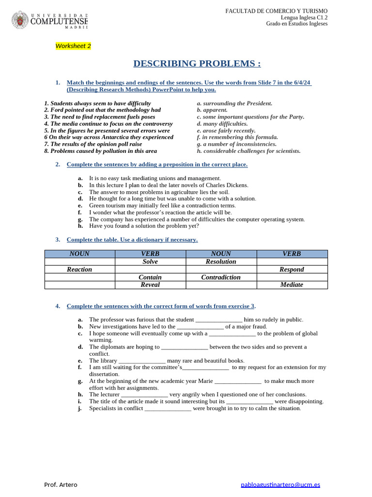 Worksheet 2 - Describing Problems - 6 - 3 - 24 | PDF | Linguistics